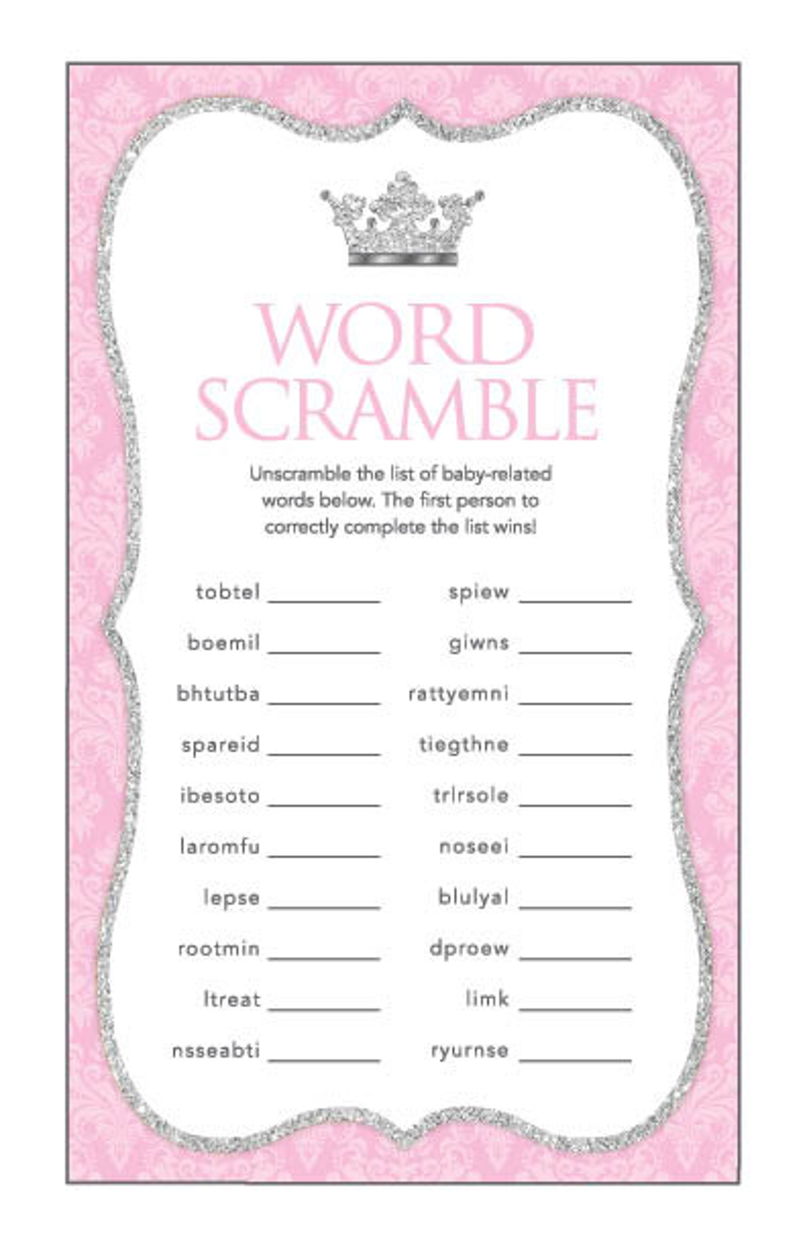 Instant Download Pink Princess Baby Word Scramble Silver Pink | Etsy