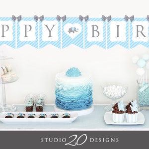 Instant Download Elephant Happy Birthday Banner, Blue Elephant Bunting ...