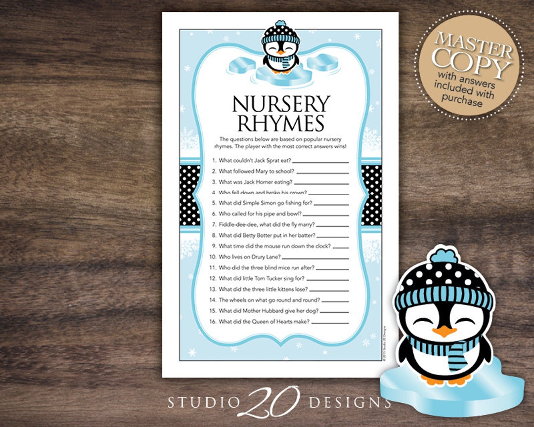 Instant Download Penguin Nursery Rhyme Quiz, Black Blue Penguin Nursery ...