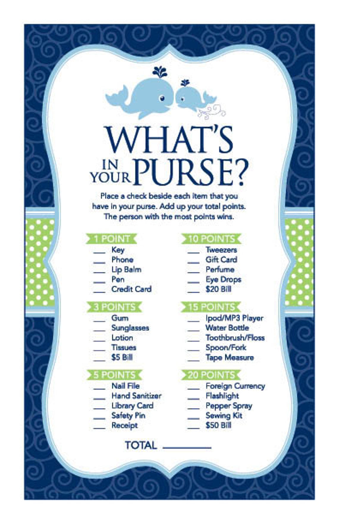 Instant Download Whale What's in Your Purse Game, Blue Green Whale Baby ...