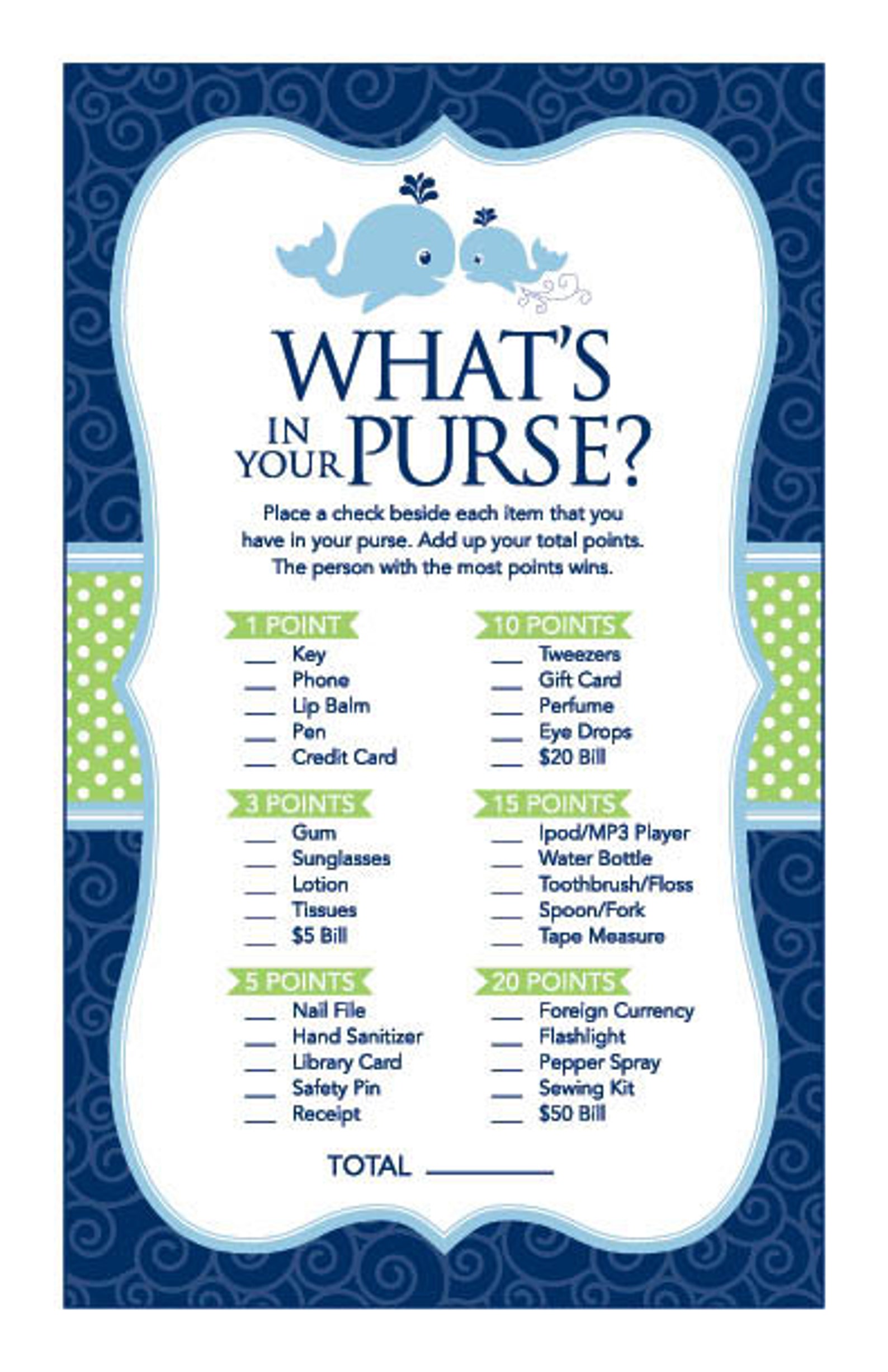 Instant Download Whale What's in Your Purse Game, Blue Green Whale Baby ...