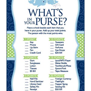 Instant Download Whale What's in Your Purse Game, Blue Green Whale Baby ...