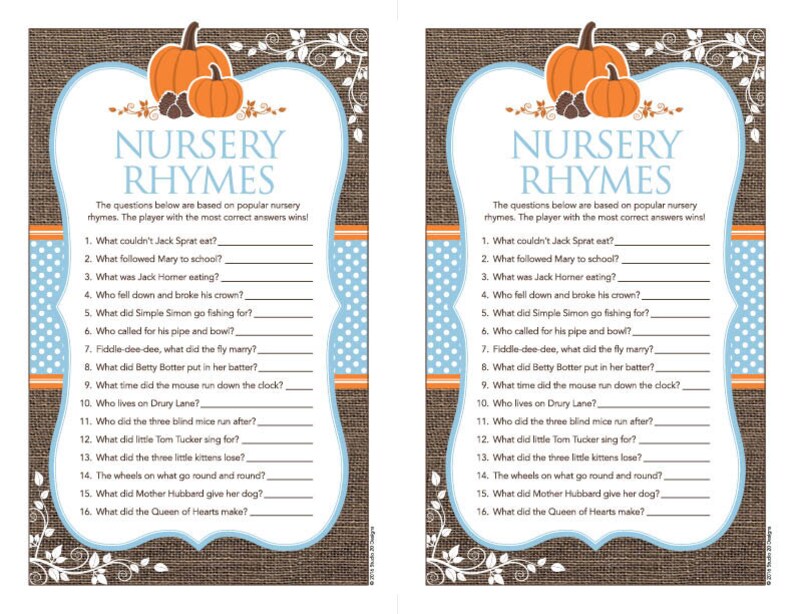 Instant Download Orange Blue Pumpkin Nursery Rhyme Quiz | Etsy