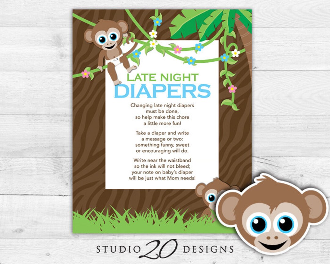 Instant Download Boy Monkey Late Night Diapers, 8x10 Blue Brown Jungle ...