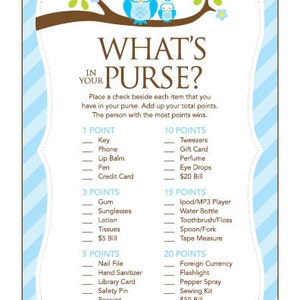 Instant Download Blue Owl What's in Your Purse Baby Shower Game, Blue ...