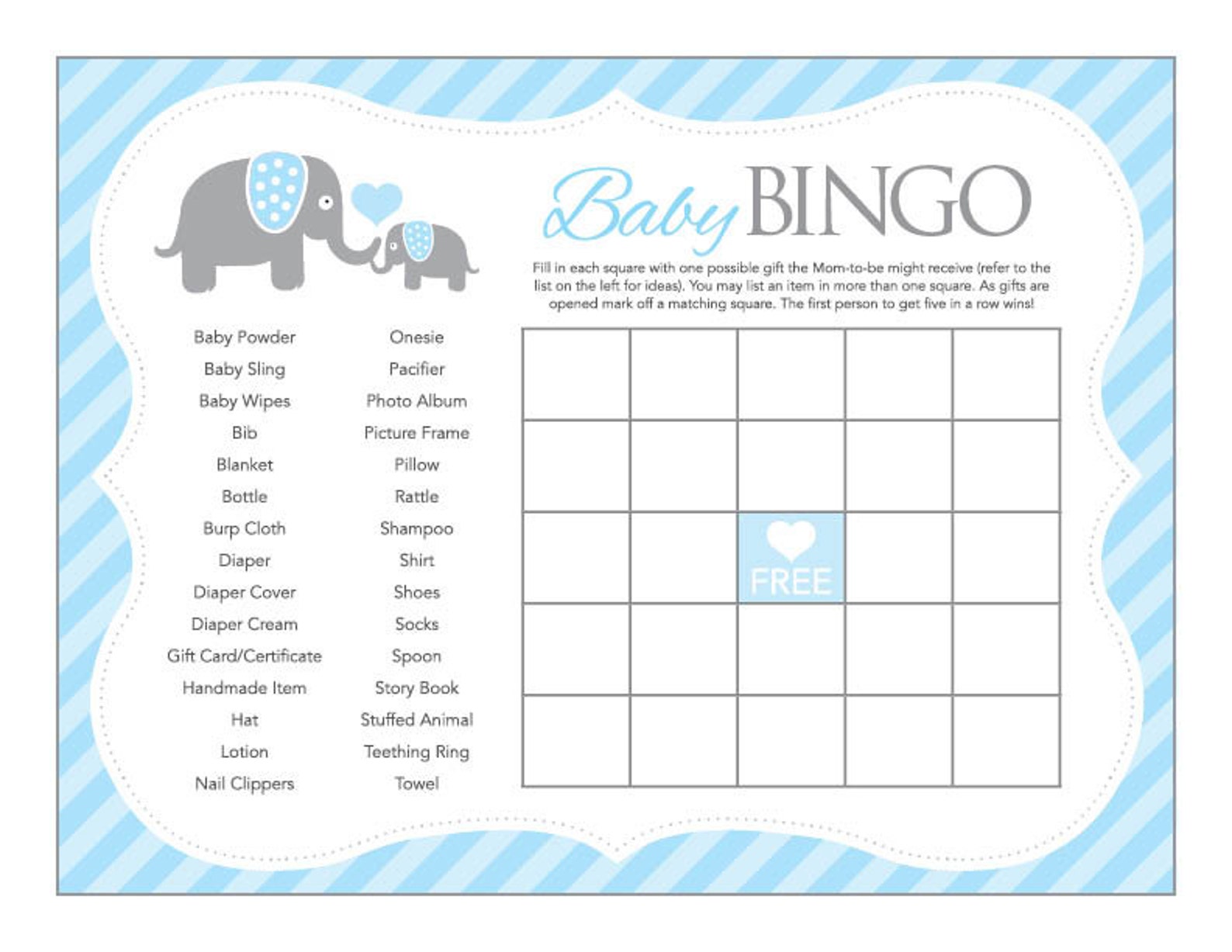 Instant Download Blue Elephant Baby Shower Games, Printable Bingo Cards ...