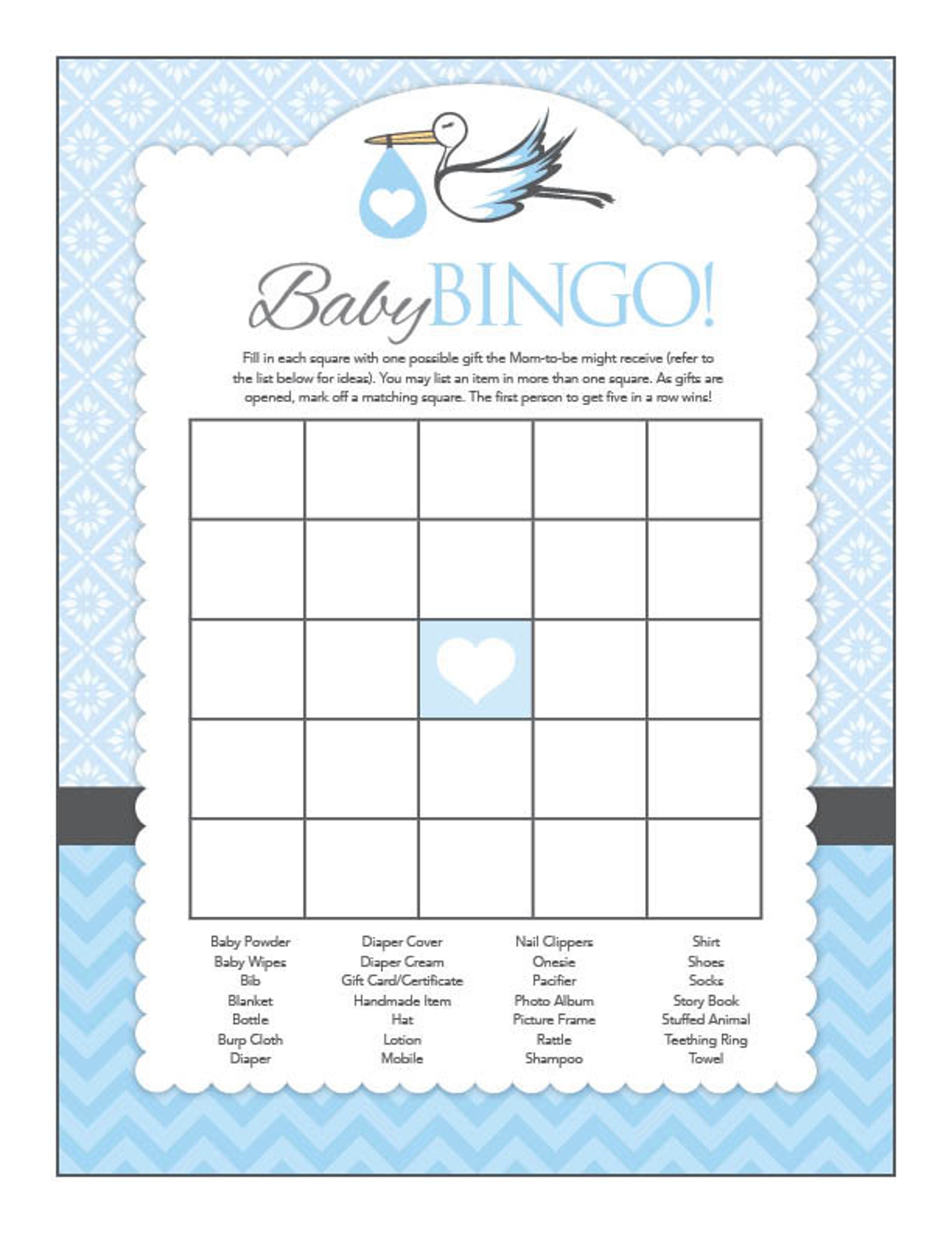 Instant Download Blue Stork Baby Shower Games for Boy, Stork BINGO Game ...