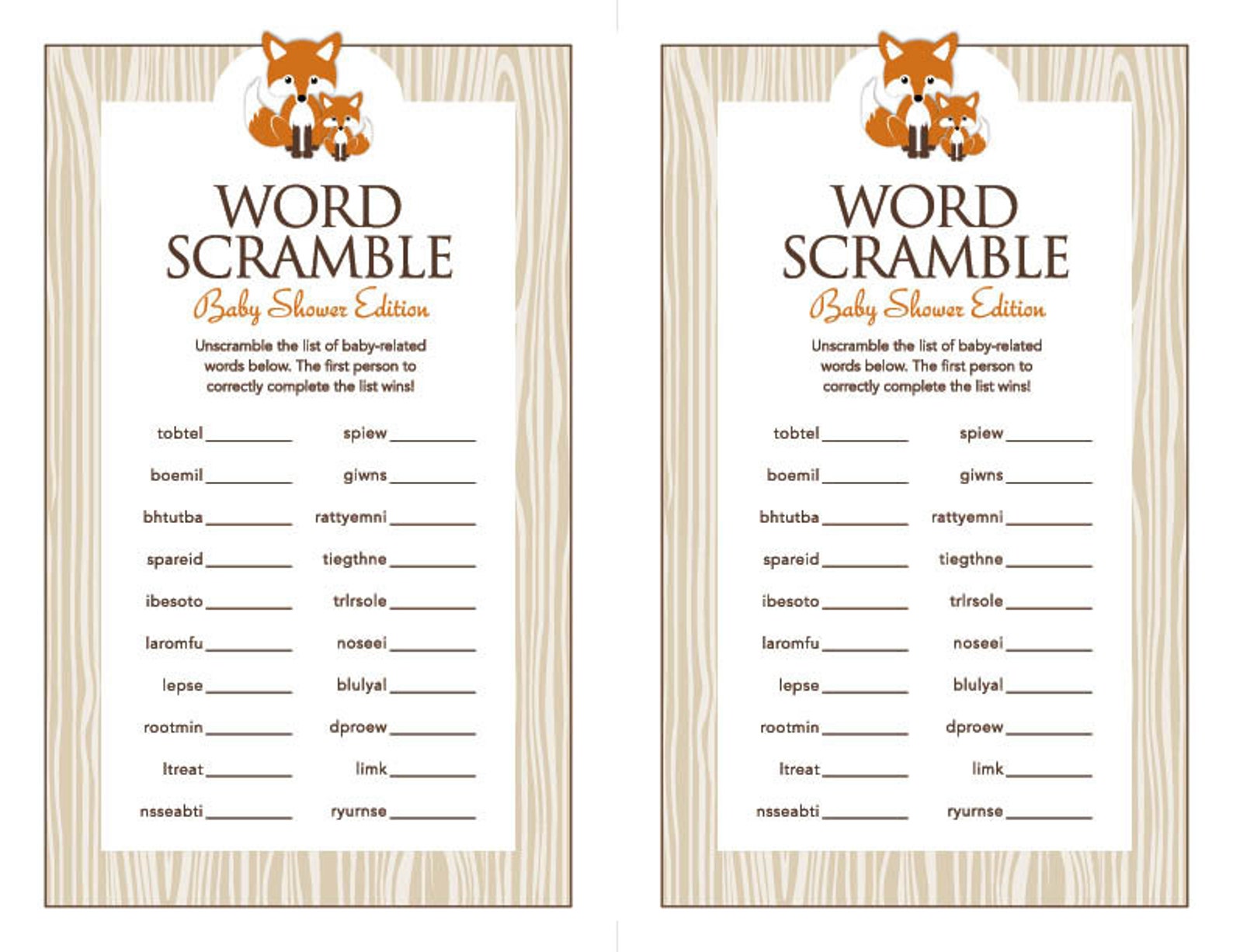 Instant Download Orange Fox Baby Shower Word Scramble Game - Etsy