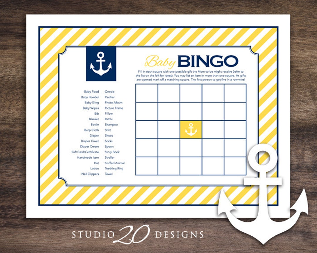 Instant Download Blue Yellow Nautical Baby Shower Bingo Cards ...