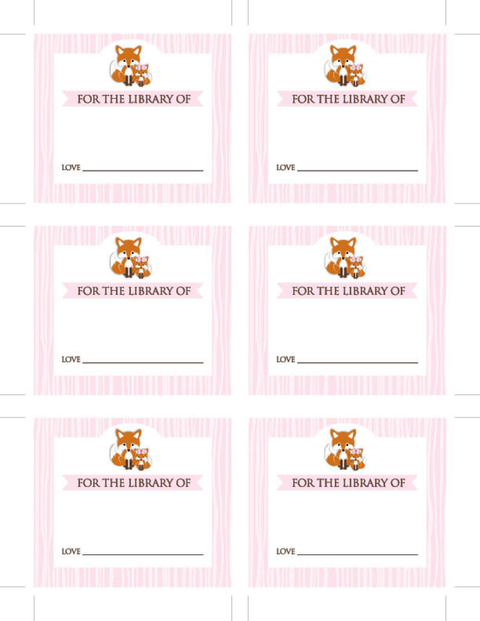 Instant Download Fox Bookplate Pink Fox Book Label Pink | Etsy