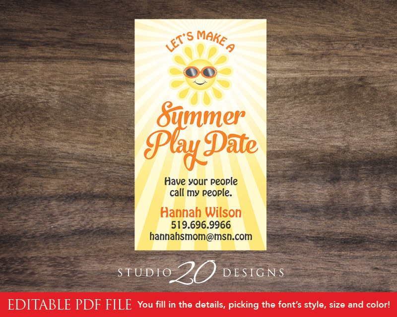 Instant Download Summer Play Date Cards Editable Pdf DIY - Etsy Canada