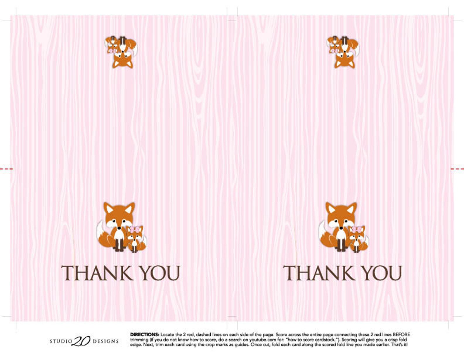 Instant Download Pink Fox Thank You Card Folded Girl Fox Baby - Etsy