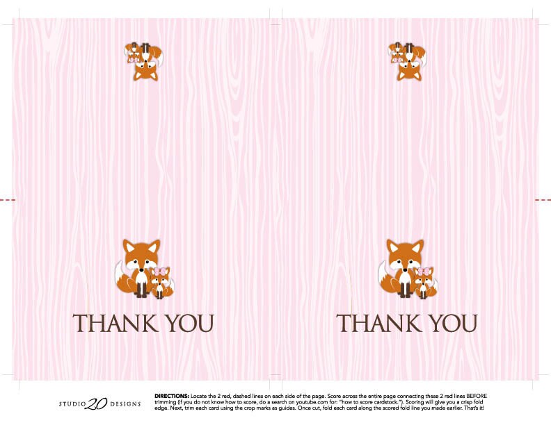 Instant Download Pink Fox Thank You Card Folded Girl Fox Baby - Etsy