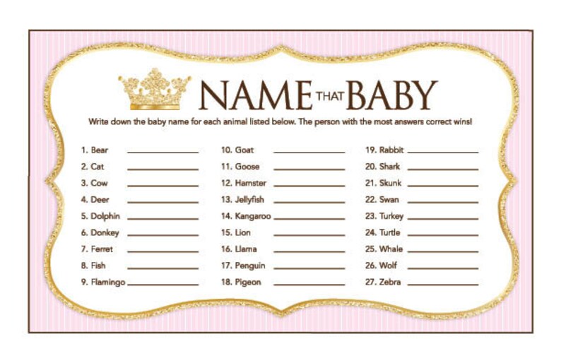 Instant Download Pink Princess Name That Baby Game Princess - Etsy