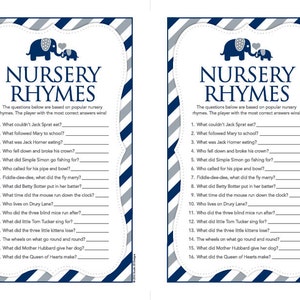 Instant Download Navy Blue Elephant Nursery Rhyme Quiz, Navy Grey ...