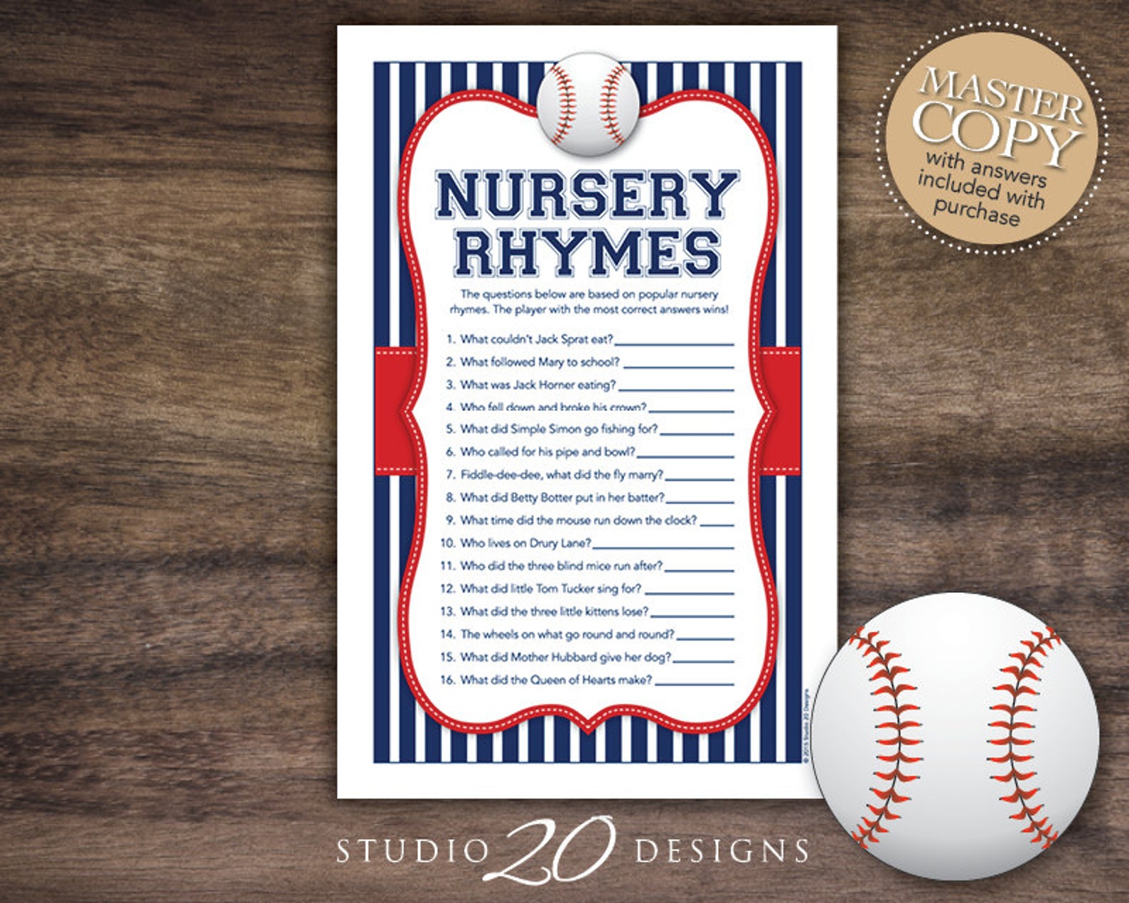 Instant Download Baseball Nursery Rhyme Quiz Printable Blue | Etsy