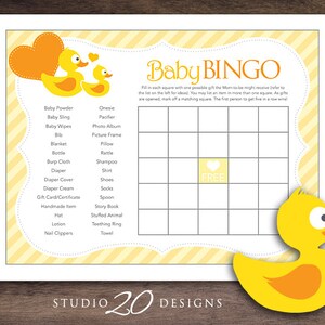 Instant Download Yellow Rubber Duck Baby Shower Games, Duck Bingo Cards ...