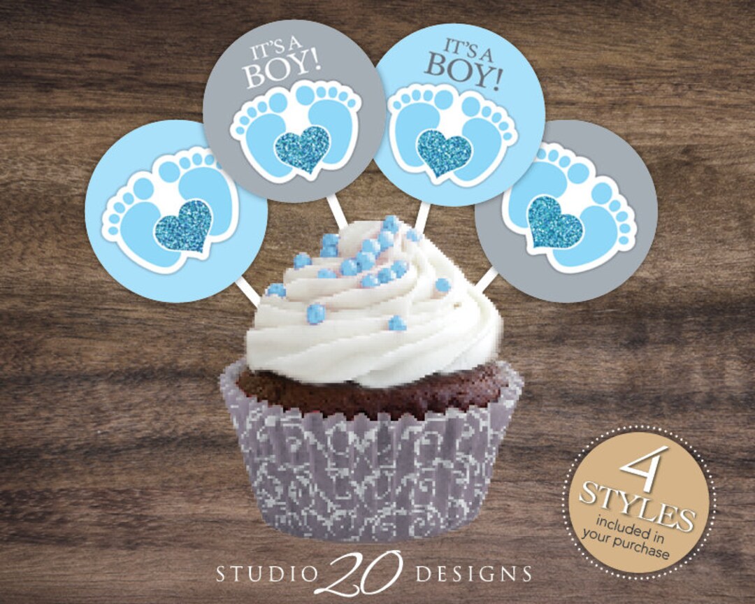 Instant Download Footprint Cupcake Toppers, 2 Blue Glitter Shower ...