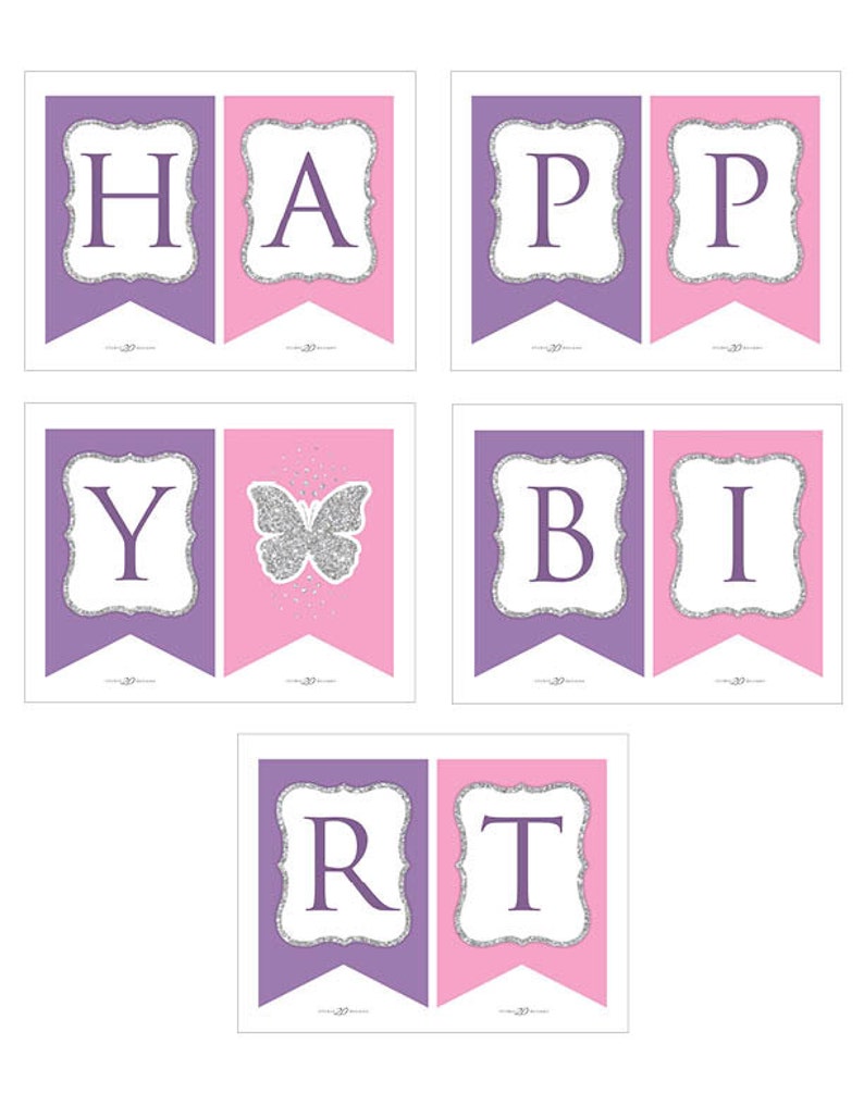Instant Download Pink Purple Butterfly Happy Birthday Banner - Etsy