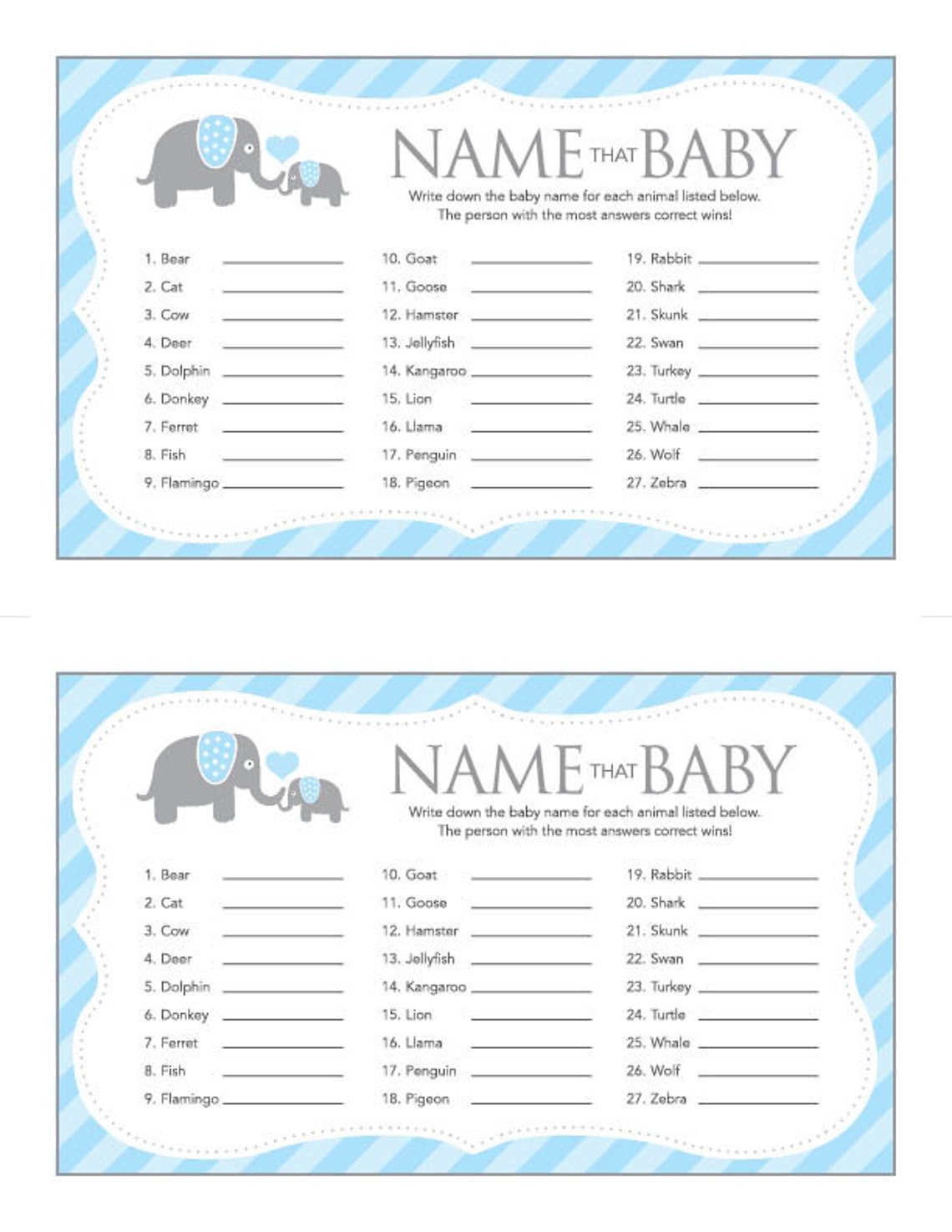 Instant Download Blue Elephant Baby Shower Games for Boy Name - Etsy