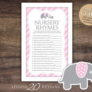 Instant Download Pink Elephant Nursery Rhyme Quiz, Pink Grey Nursery ...