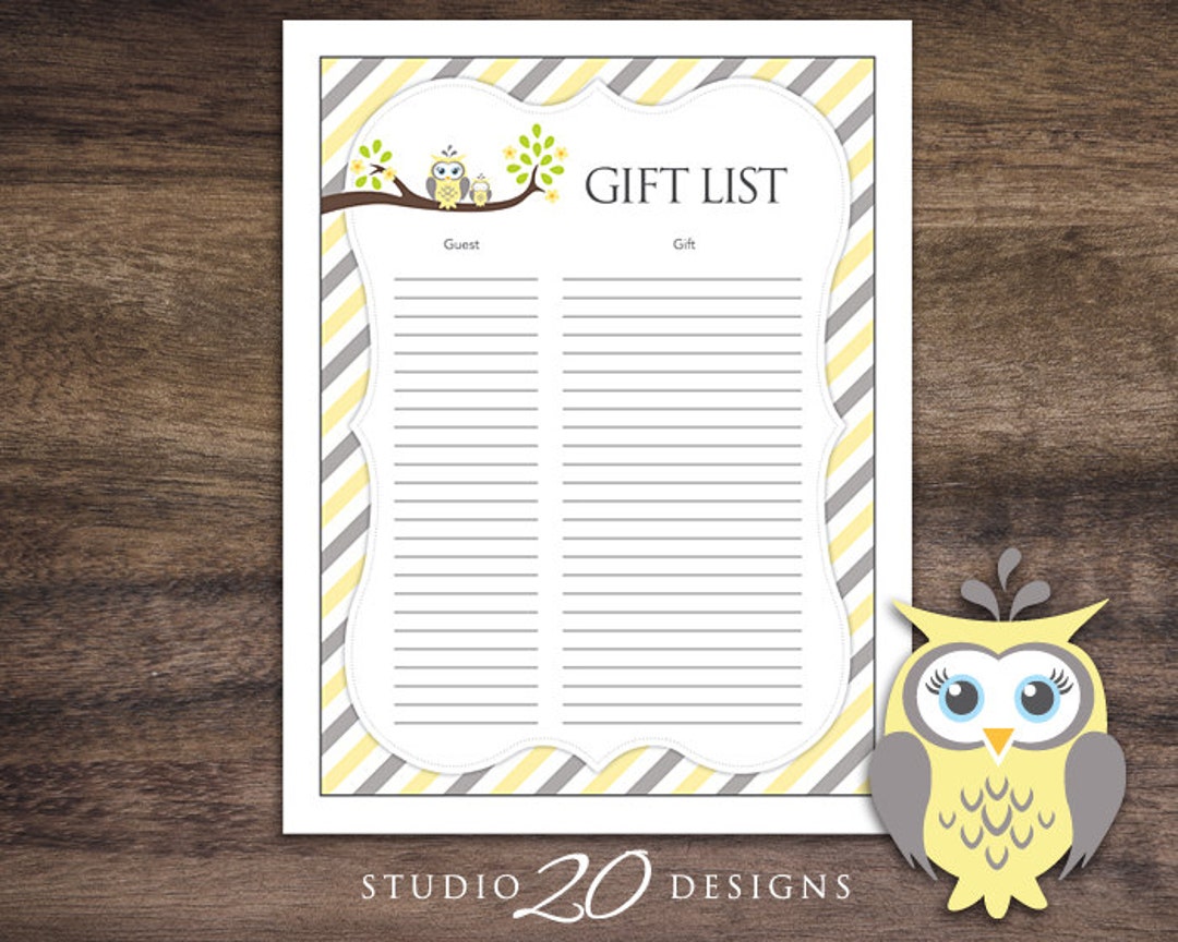 Instant Download Yellow Owl Baby Shower Gift Registry, Yellow Grey Owl ...