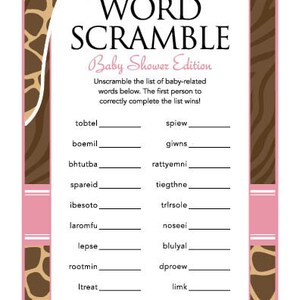 Instant Download Pink Giraffe Baby Word Scramble Game, Brown Pink ...