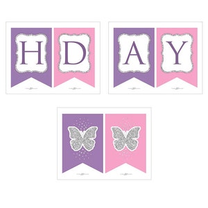 Instant Download Pink Purple Butterfly Happy Birthday Banner, Printable ...