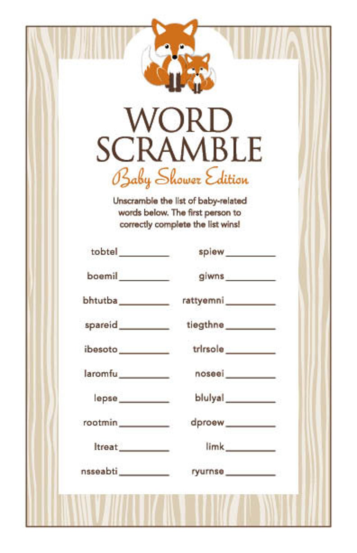 Instant Download Orange Fox Baby Shower Word Scramble Game - Etsy