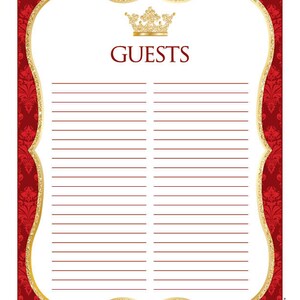 Instant Download Royal Red Prince or Princess Guest List, Gold Glitter ...
