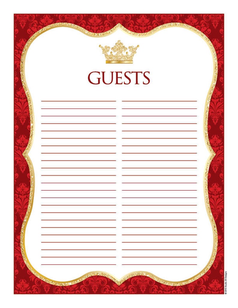 Instant Download Royal Red Prince or Princess Guest List Gold - Etsy