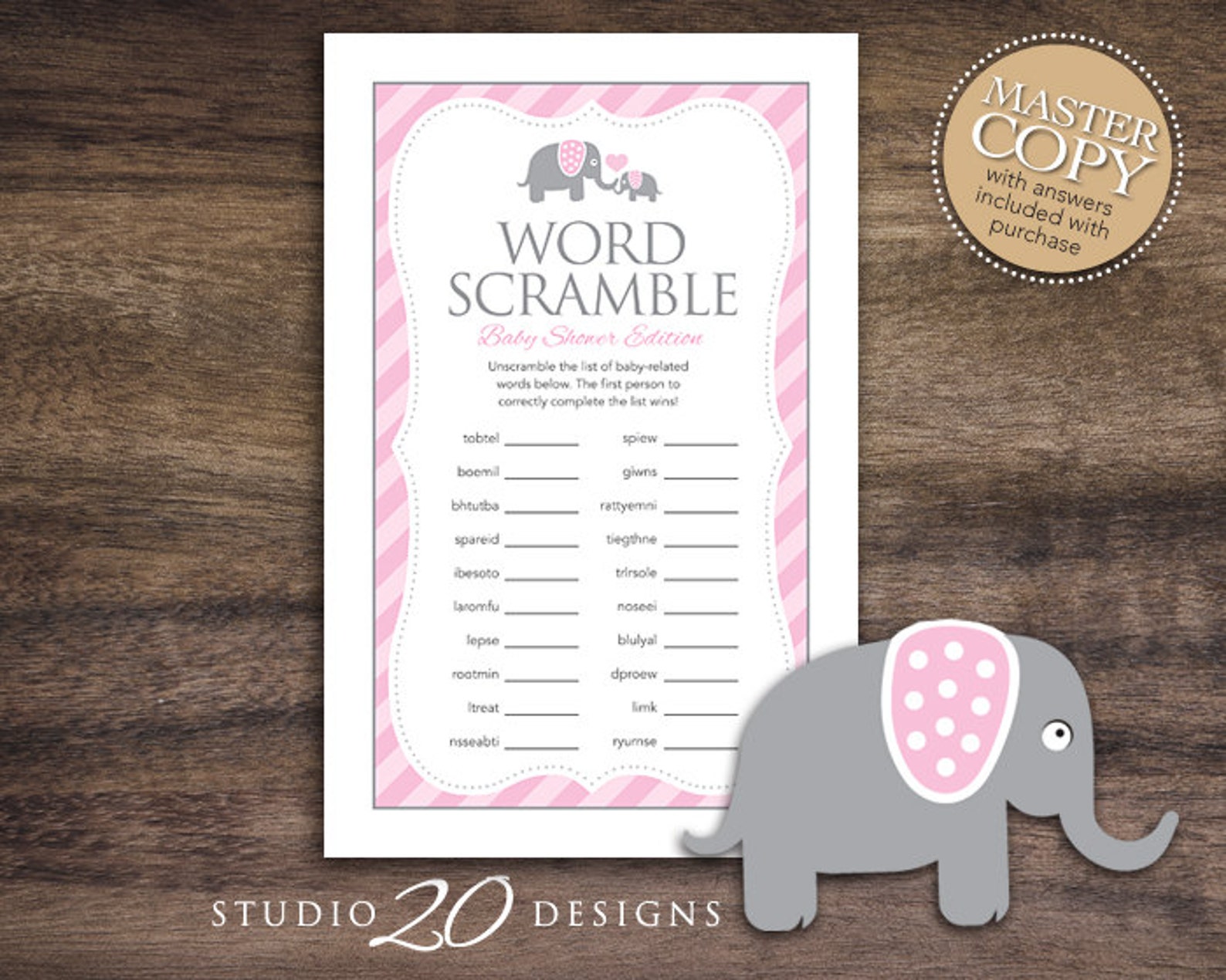 Instant Download Pink Elephant Word Scramble Baby Shower Game Cards ...