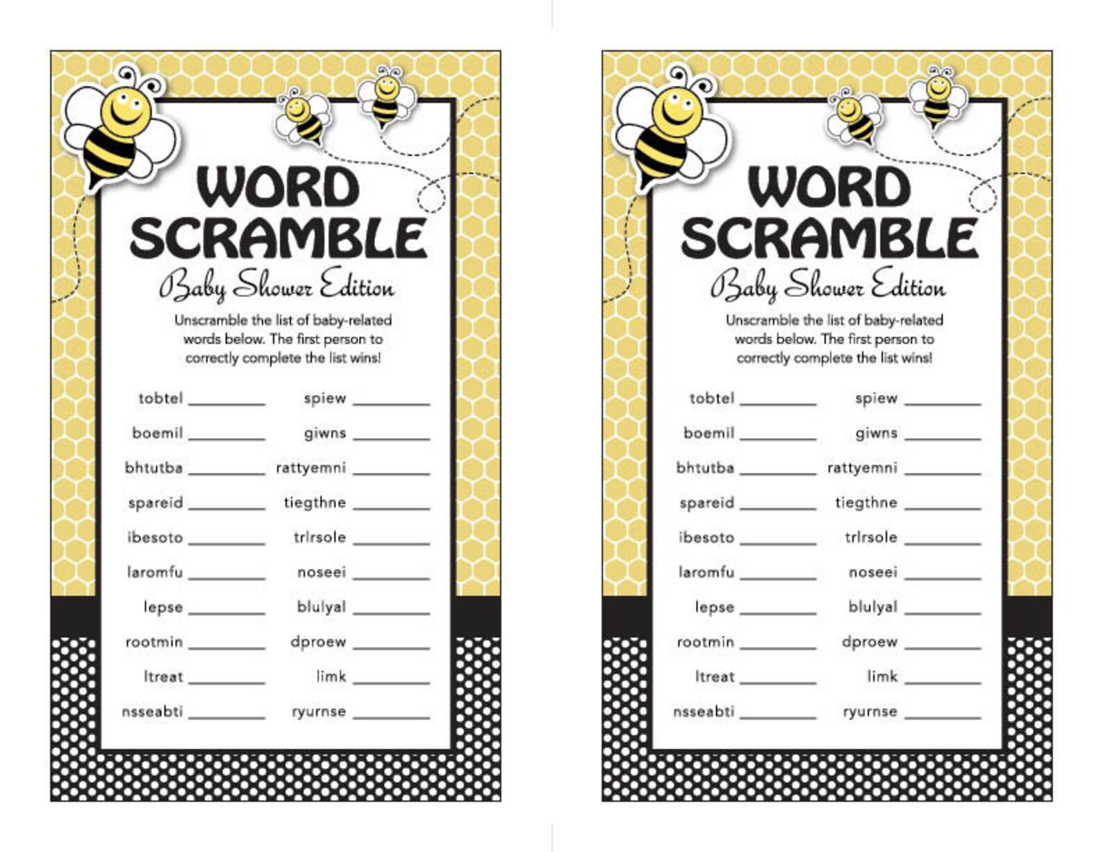 Instant Download Bee Baby Shower Word Scramble Game Printable - Etsy