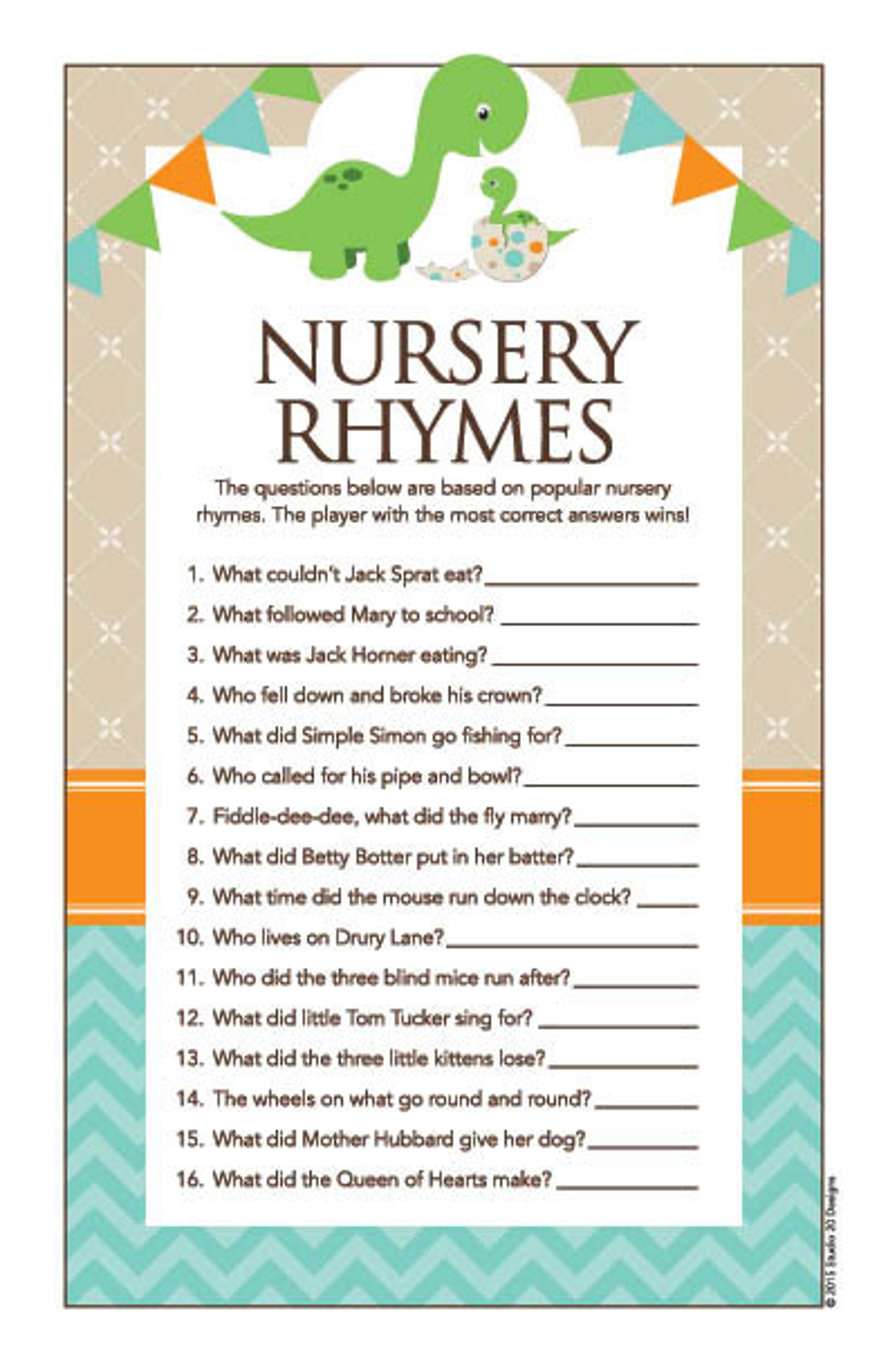 Instant Download Dinosaur Nursery Rhyme Baby Shower Game - Etsy