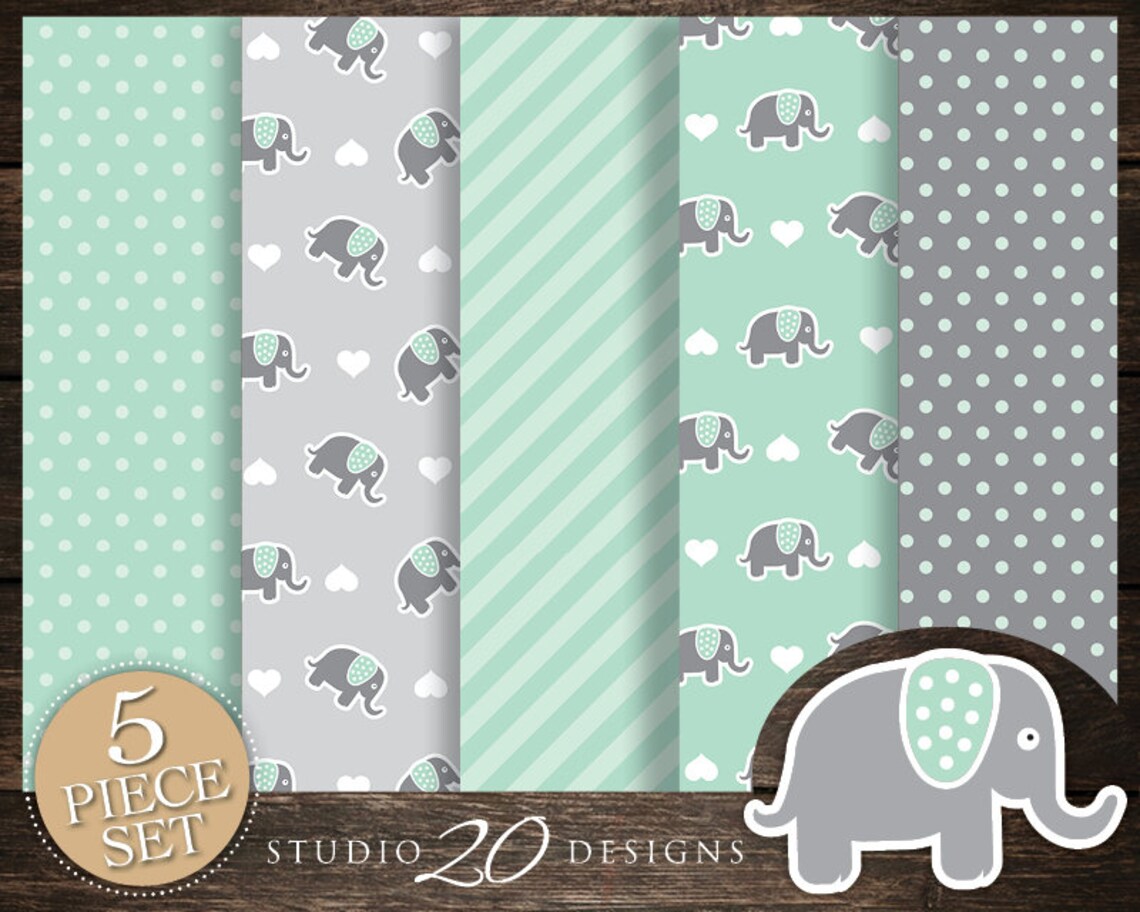 60% OFF Instant Download Mint Elephant Digital Paper | Etsy
