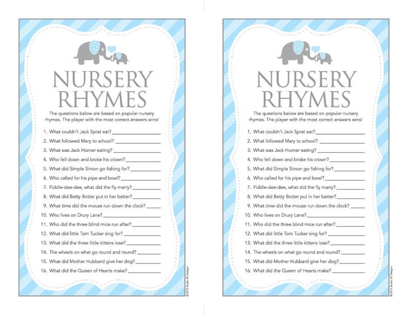 Instant Download Blue Elephant Nursery Rhyme Quiz Blue Grey | Etsy