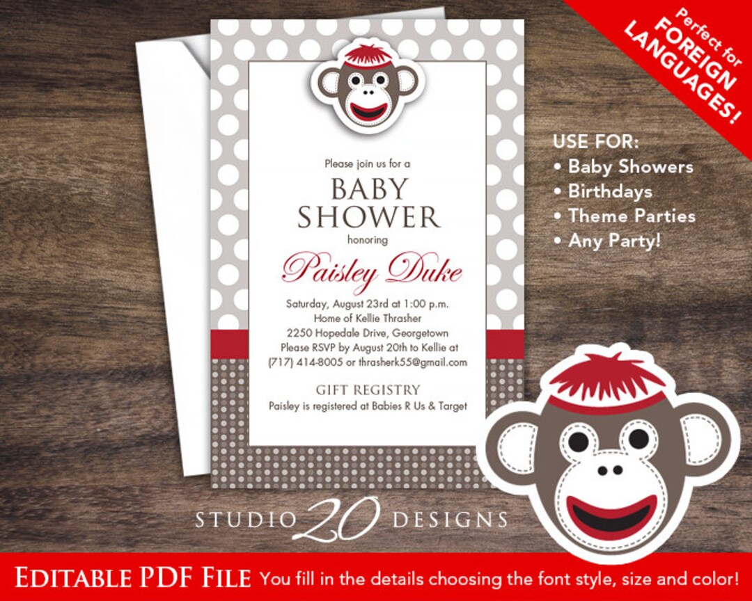 Instant Download Sock Monkey Invitations Editable Pdf, 4x6 Red Monkey ...