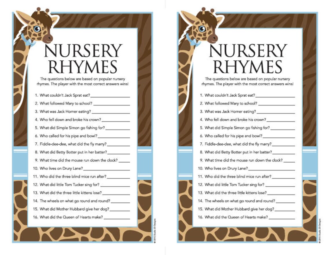 Instant Download Blue Giraffe Nursery Rhyme Quiz Brown Blue | Etsy