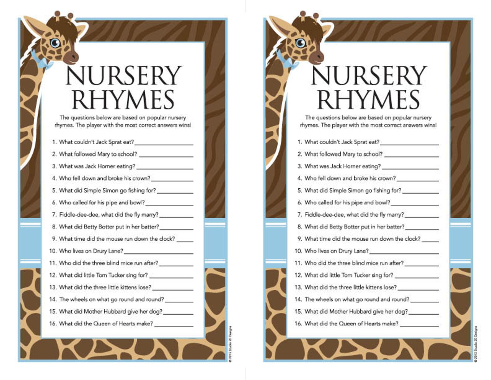 Instant Download Blue Giraffe Nursery Rhyme Quiz Brown Blue | Etsy
