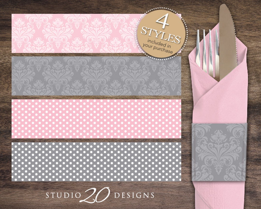 Instant Download Pink Damask Napkin Rings, Printable Grey Damask Baby ...