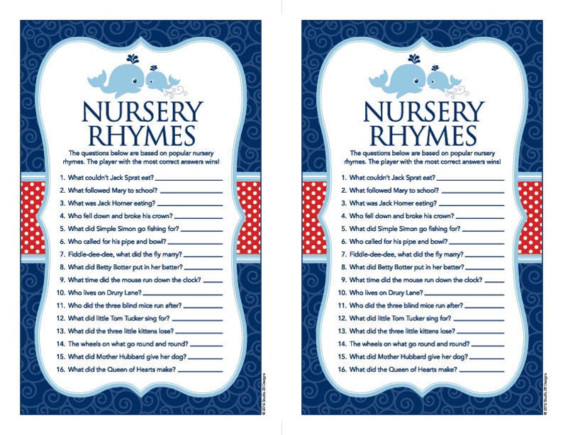 Instant Download Whale Nursery Rhyme Quiz, Whale Nursery Rhymes Game ...