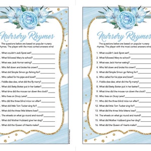 Instant Download Floral Watercolor Nursery Rhyme Quiz, Baby Blue Gold ...