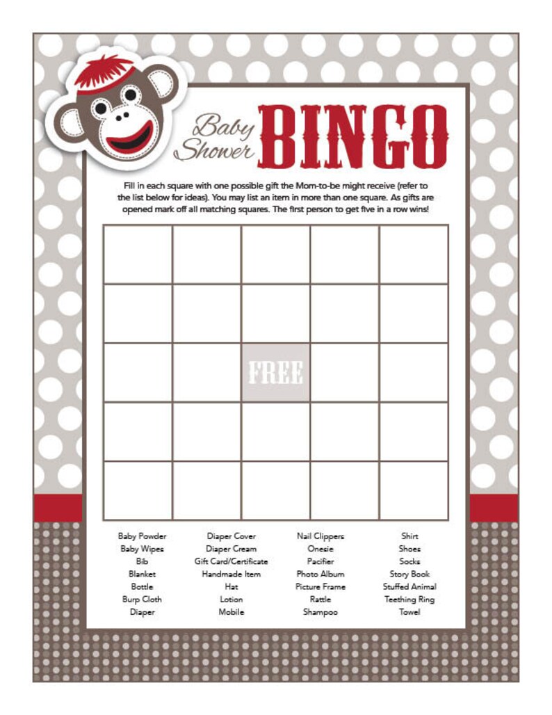 Instant Download Sock Monkey Baby Shower Games Monkey Bingo - Etsy