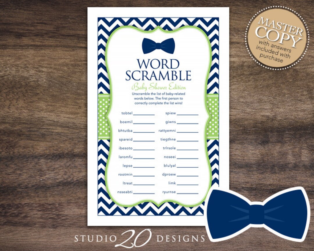 Instant Download Bow Tie Word Scramble Baby Shower Game, Printable Navy ...