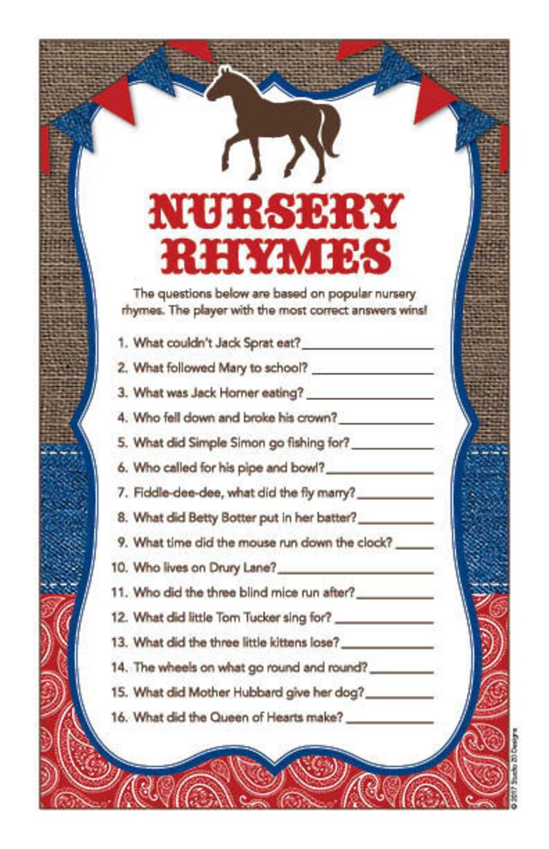 Instant Download Country Western Nursery Rhyme Quiz Printable - Etsy