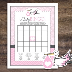 Instant Download Pink Stork Baby Shower Games for Girl, Stork BINGO ...