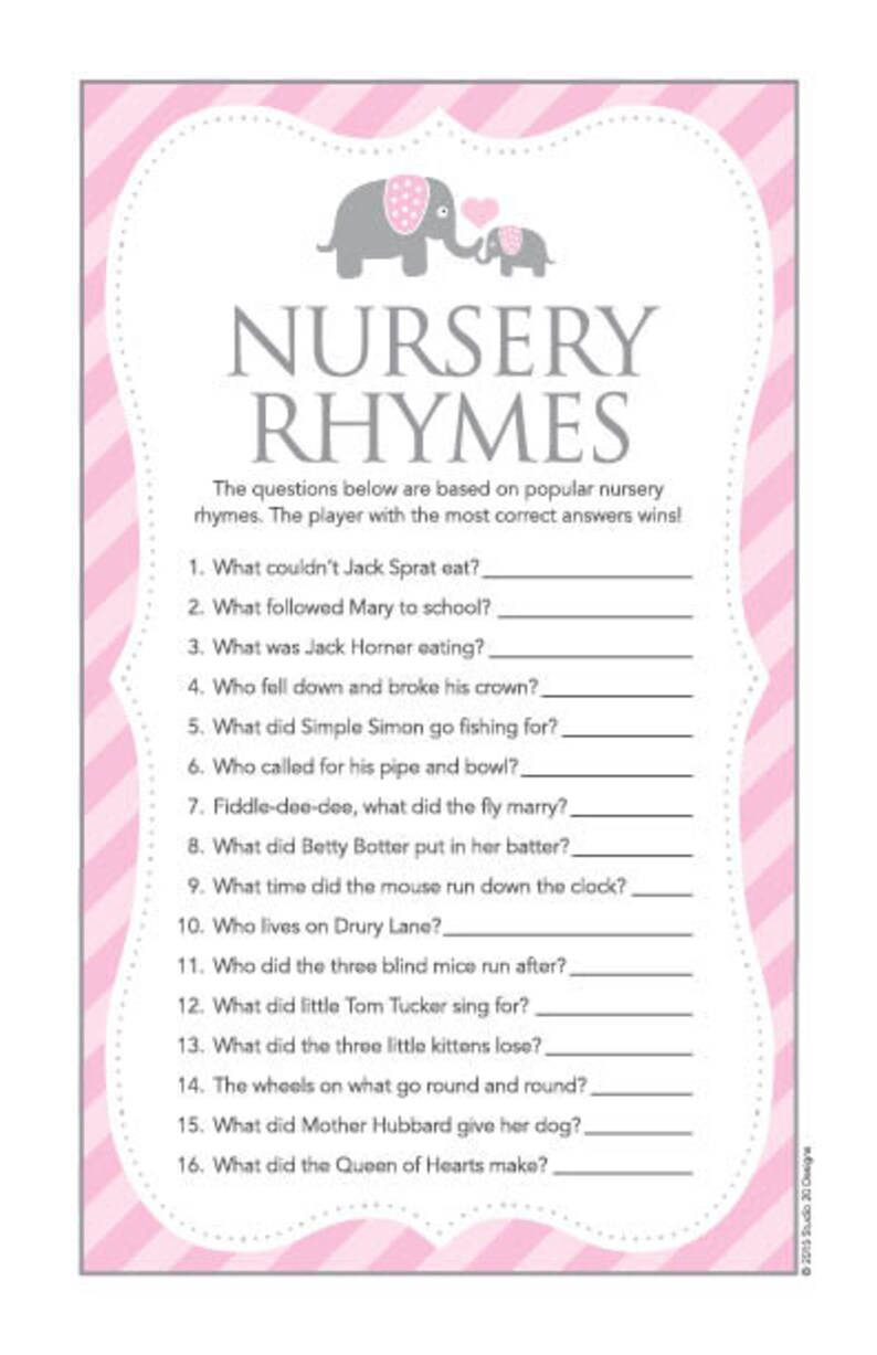 Instant Download Pink Elephant Nursery Rhyme Quiz Pink Grey | Etsy