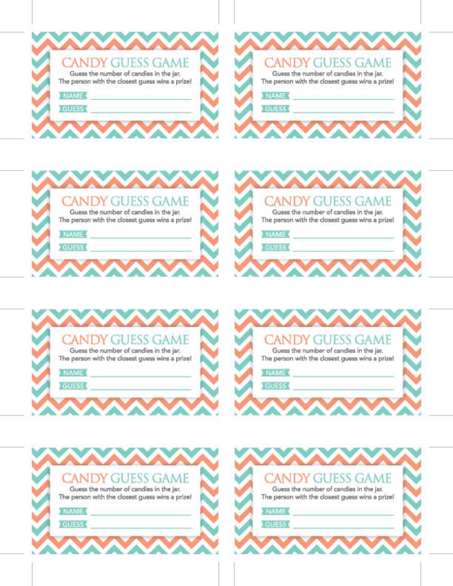 Instant Download Teal Coral Chevron Candy Guessing Game - Etsy
