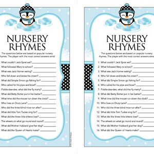 Instant Download Penguin Nursery Rhyme Quiz, Black Blue Penguin Nursery ...