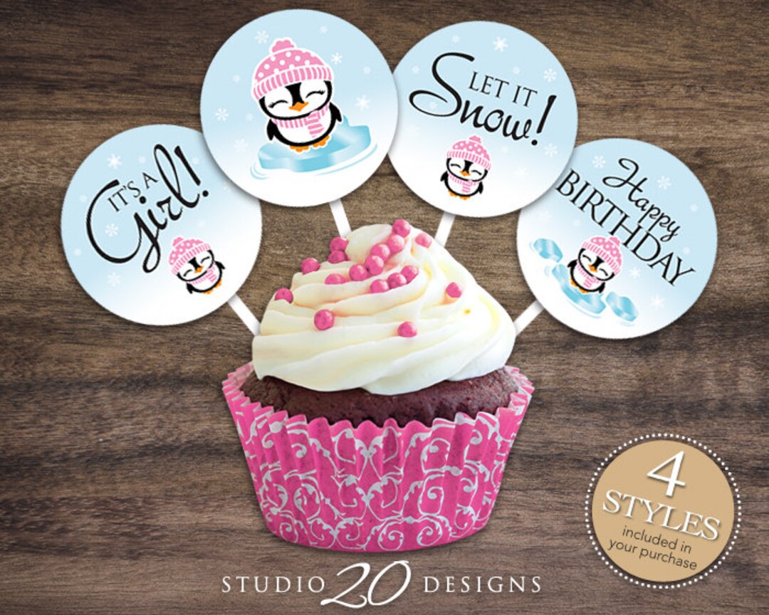 Instant Download Penguin Cupcake Toppers, 2 Pink Penguin Baby Shower ...